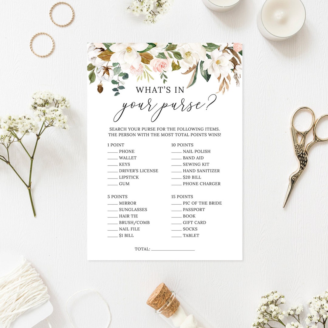 What's in Your Purse Game, Bridal Shower Games, Floral Wedding Shower ...