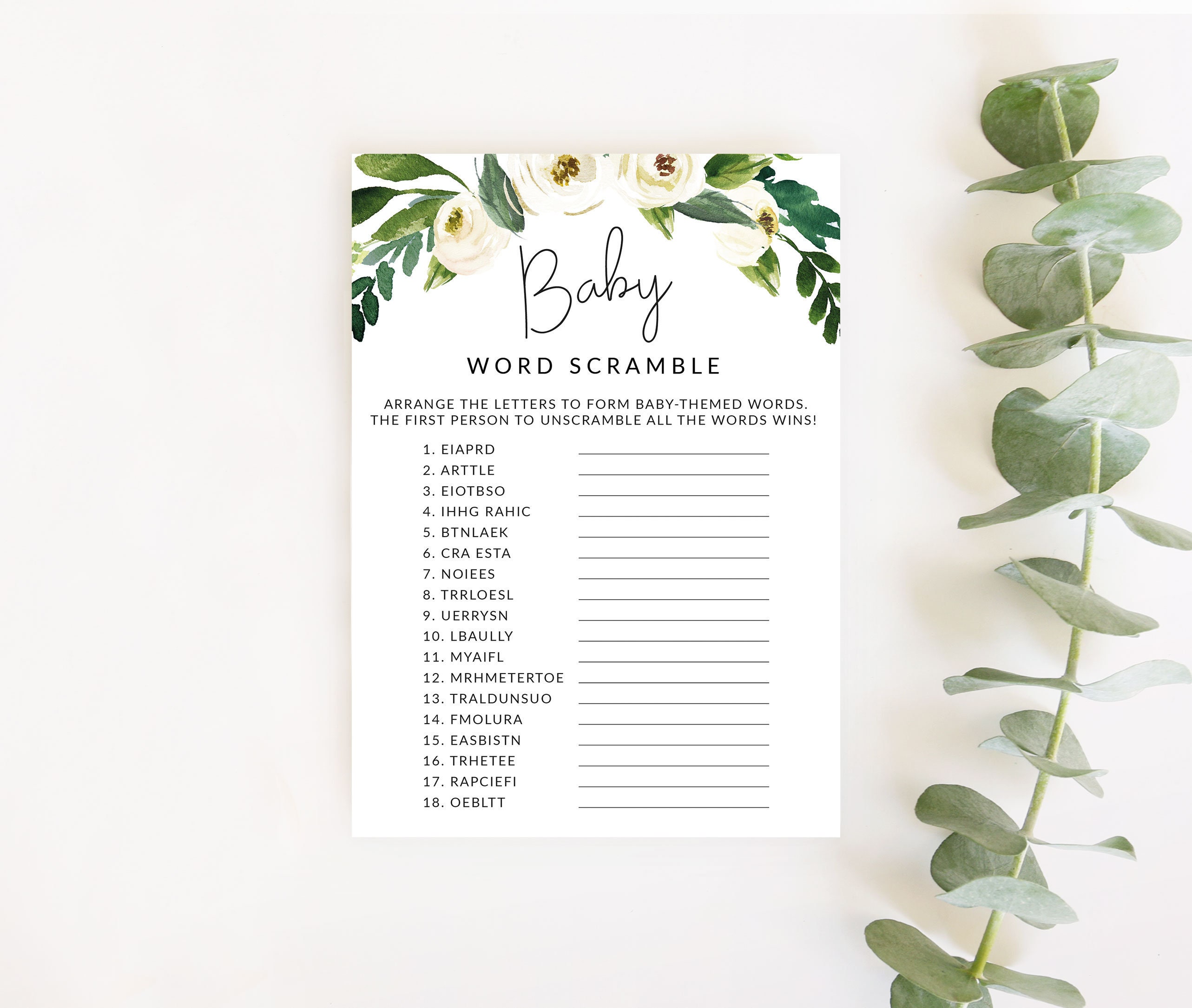 Baby Word Scramble Game - Baby Shower Games & Activities - White ...