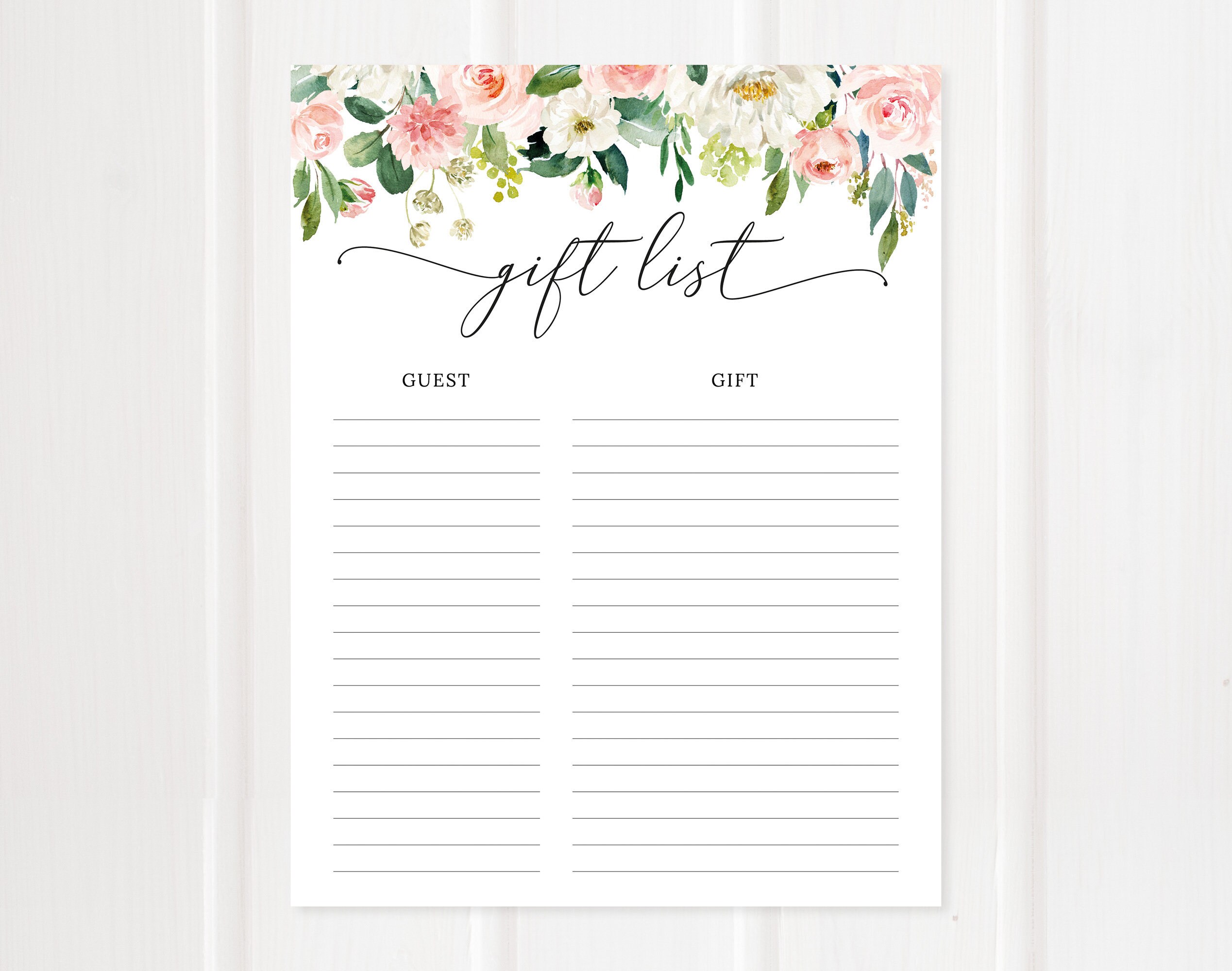 Floral Gift List Printable Sheet, Bridal Shower, Baby Shower, Wedding ...