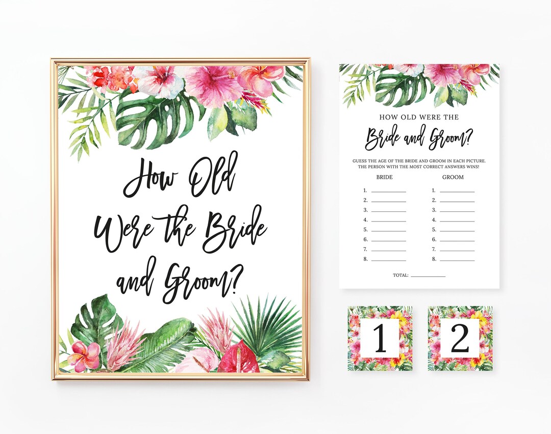 Tropical How Old Were the Bride and Groom Game, Sign and Cards, Bridal ...