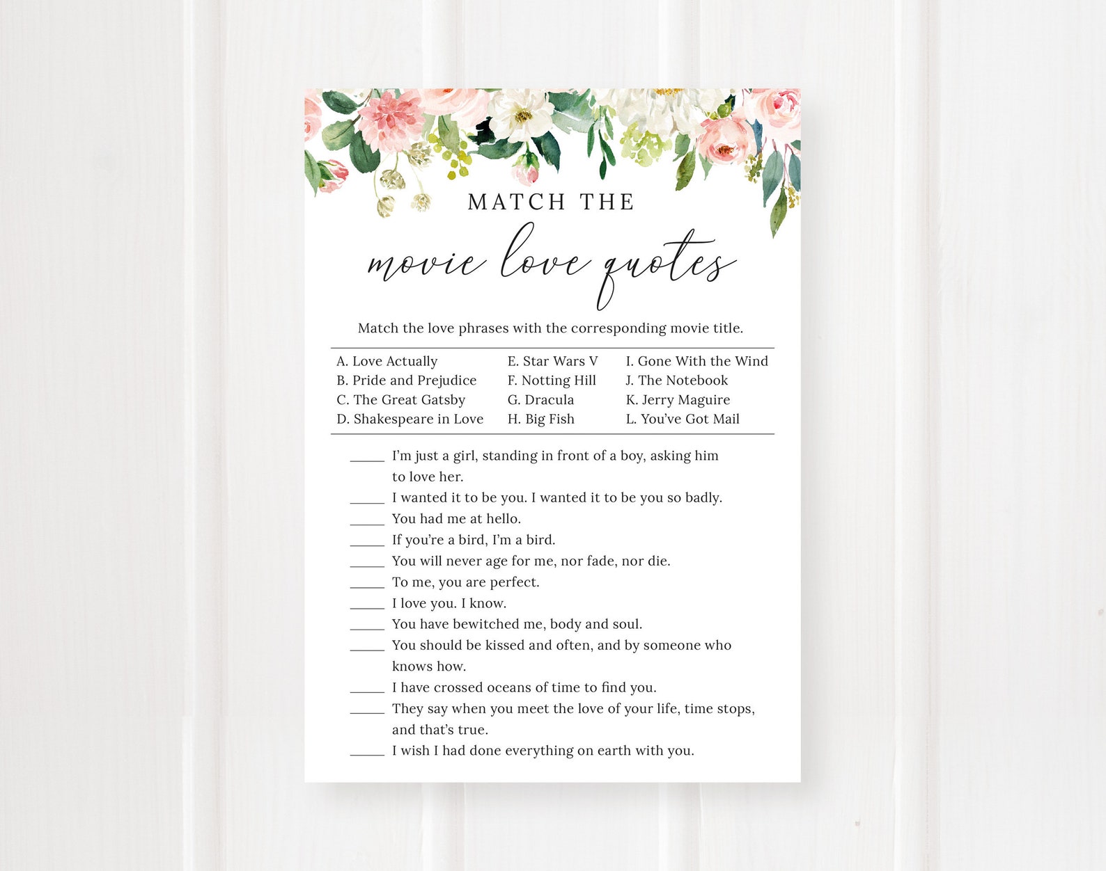 Match the Movie Love Quotes Game Bridal Shower Game Floral | Etsy