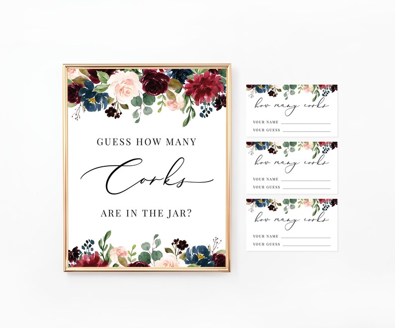 Guess How Many Corks Are in the Jar Sign and Cards, Floral Bridal ...