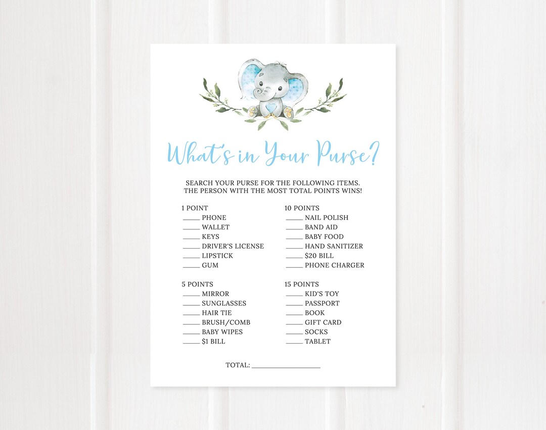 What's in Your Purse Game, Baby Shower Game, Printable Game, Elephant ...