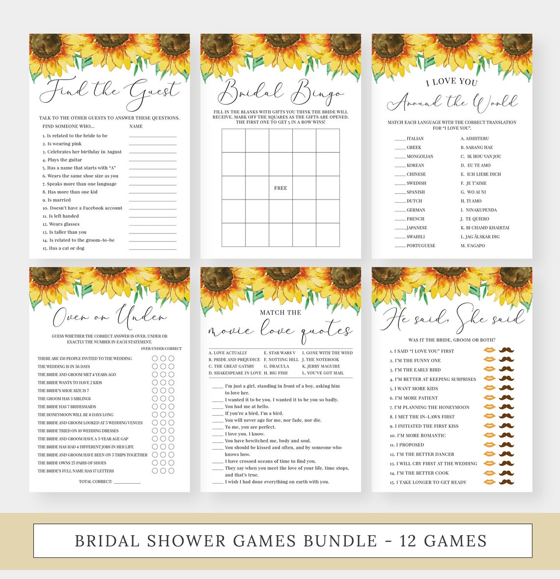 12 Bridal Shower Games Bundle, Printable Shower Games Package, Floral ...