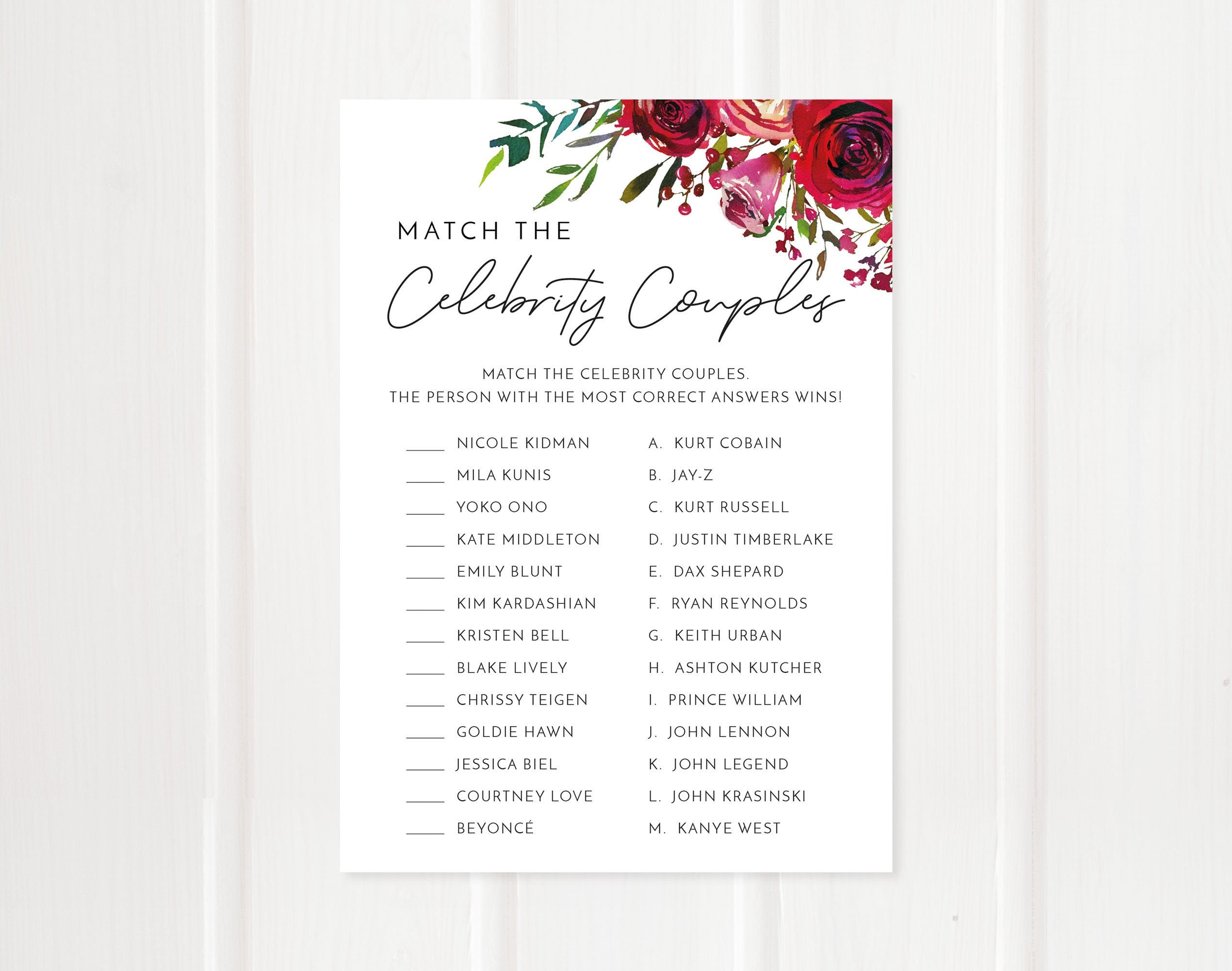 Celebrity Couples Game | Match the Famous Couples | Printable Bridal ...