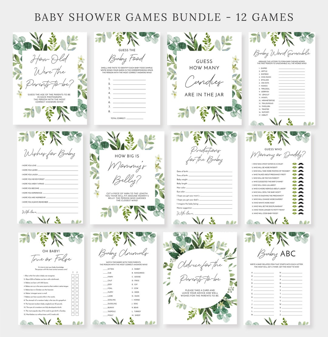 Greenery Baby Shower Games Bundle, 12 Games, Foliage, Leaves ...