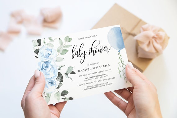 Blue Floral Baby Shower Invitation Baby Shower Invite Baby - Etsy