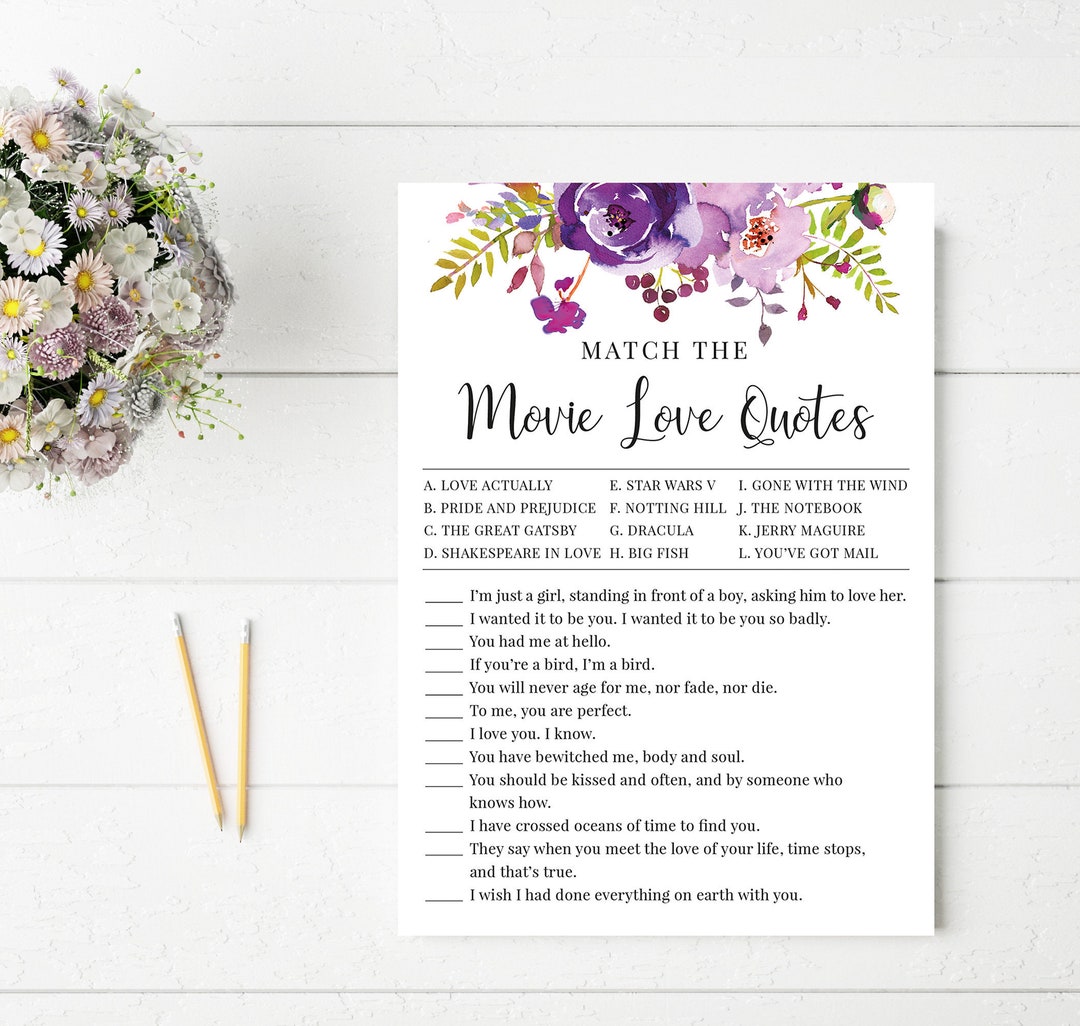 Match the Movie Love Quotes Game, Bridal Shower Games, Floral Wedding ...