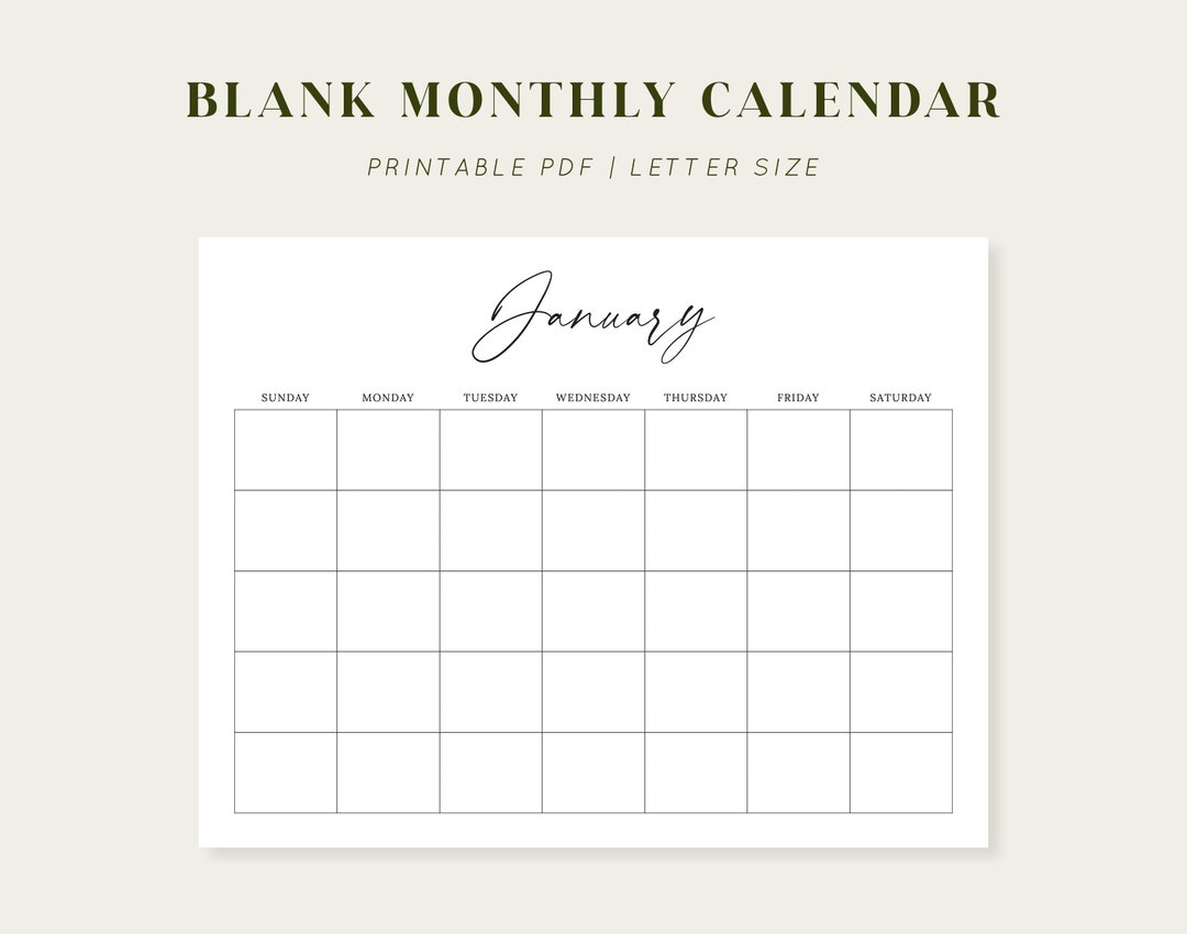 Blank Monthly Calendar, Printable Calendar, 8.5x11", Letter Size ...