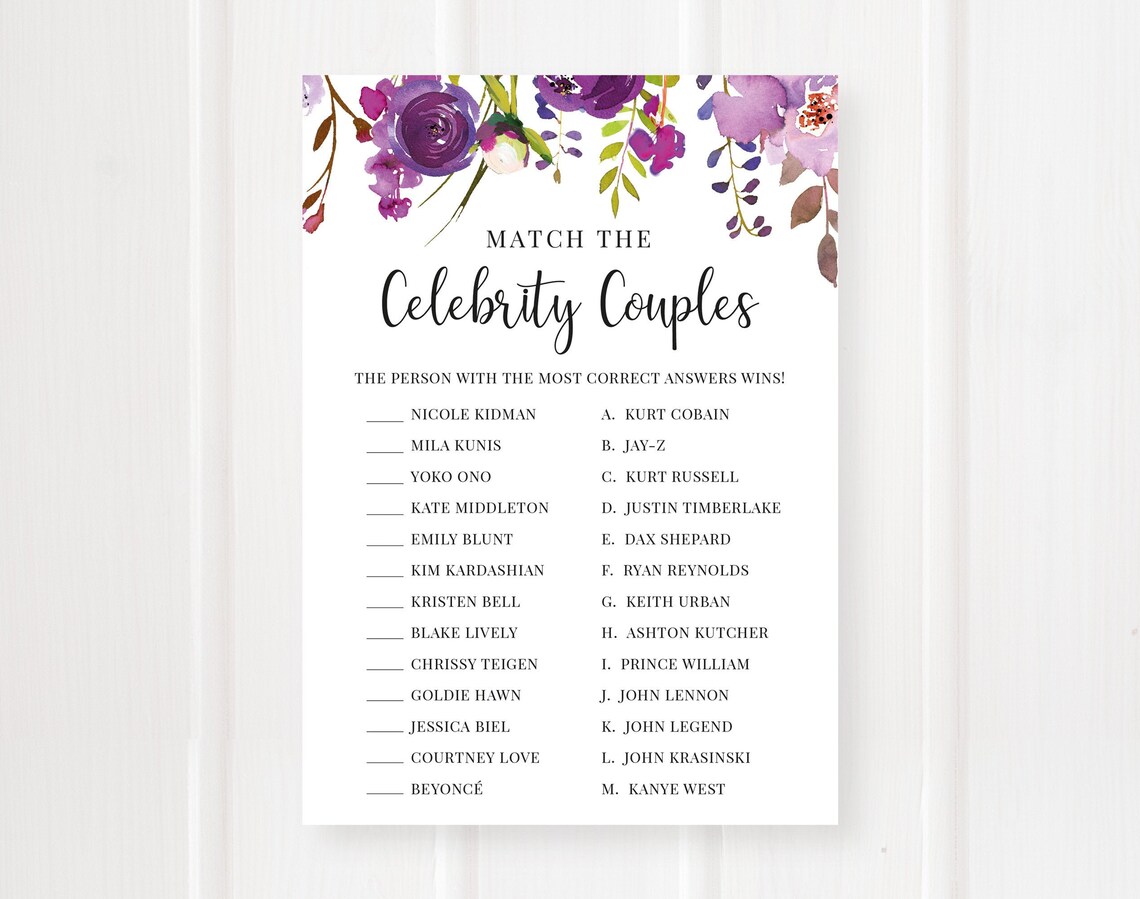 Match the Celebrity Couples Game Famous Couples Game Bridal - Etsy