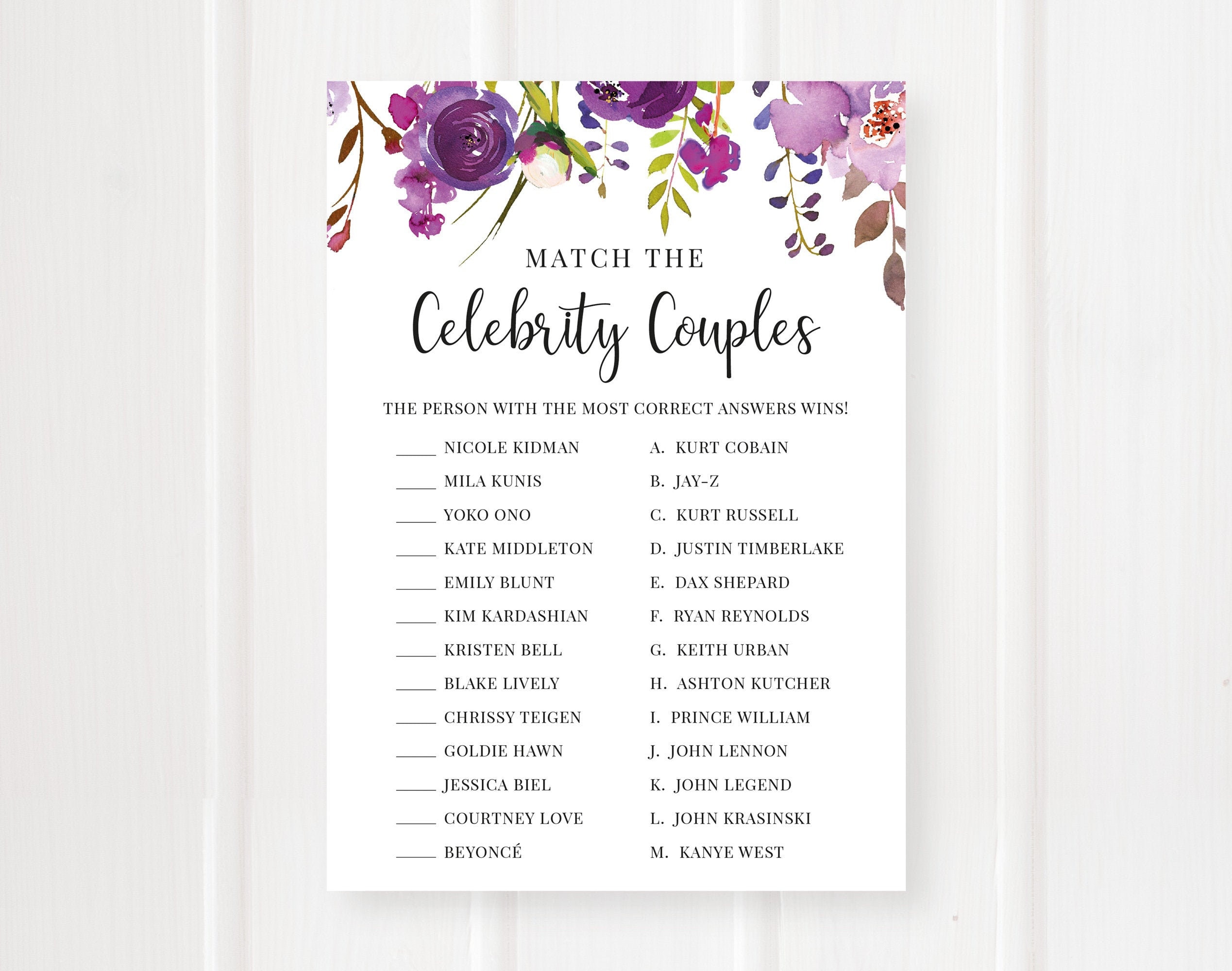 Match the Celebrity Couples Game Famous Couples Game Bridal | Etsy