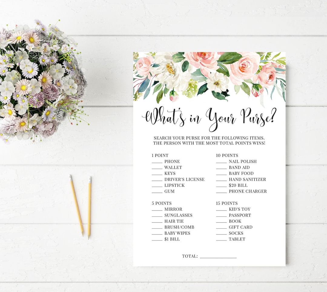 What's in Your Purse? Game | Floral Baby Shower Games | Pink Flowers ...