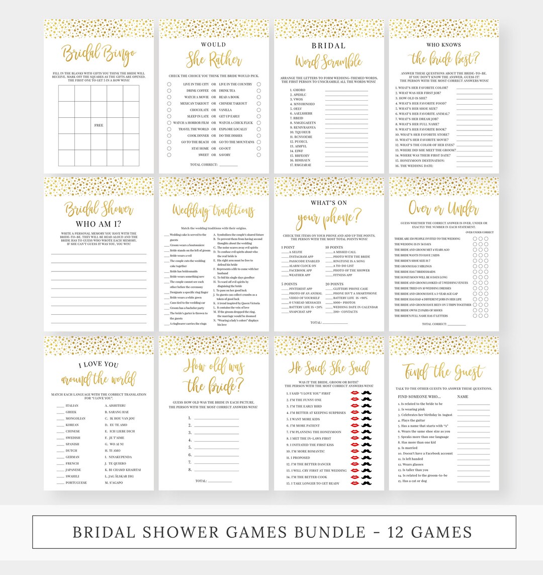 12 Bridal Shower Games Bundle, Printable Shower Games Package, Wedding ...