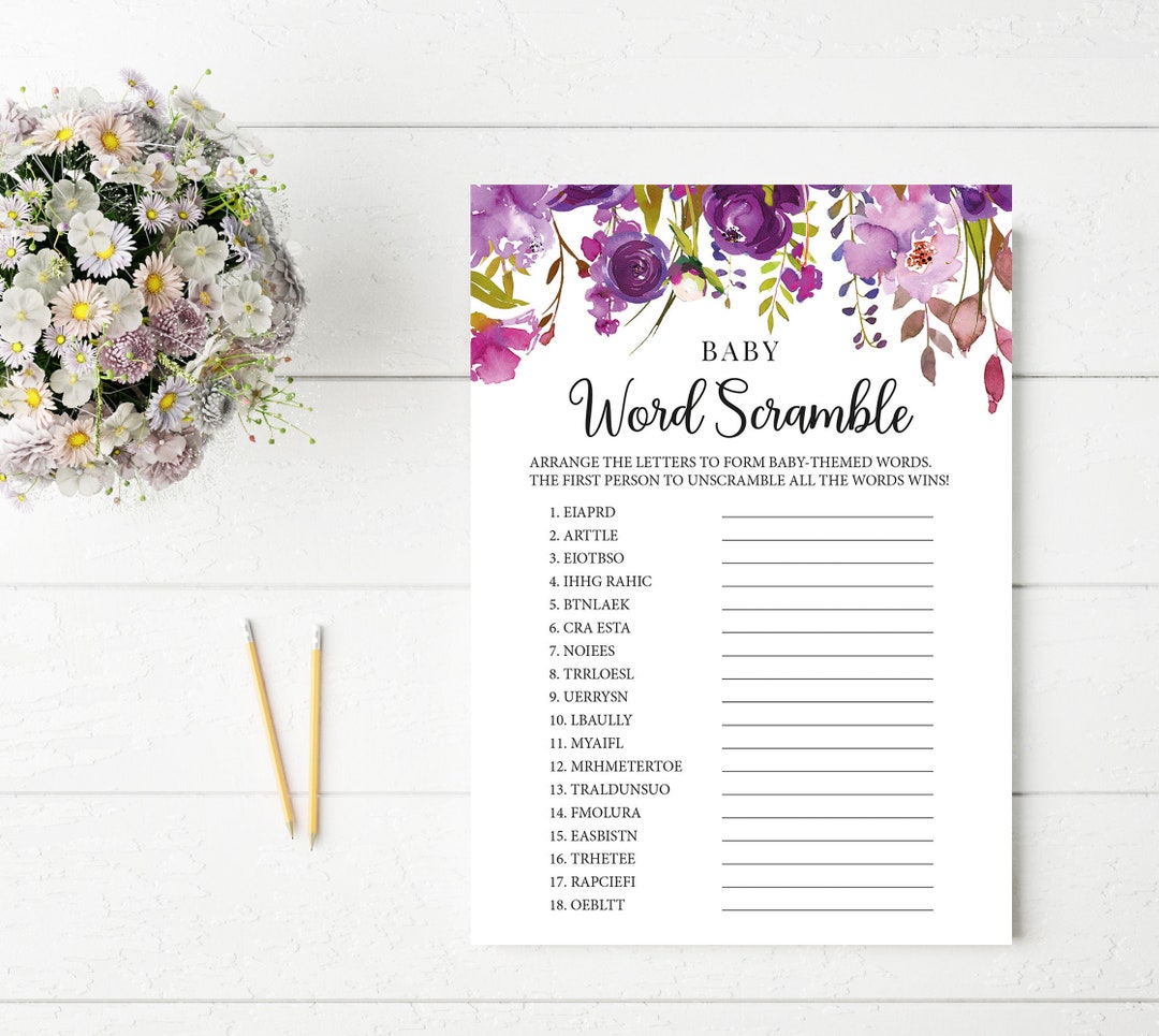 Baby Word Scramble Game | Floral Baby Shower | Printable Game | Purple ...