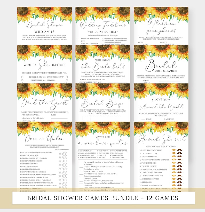 12 Bridal Shower Games Bundle, Printable Shower Games Package, Floral ...