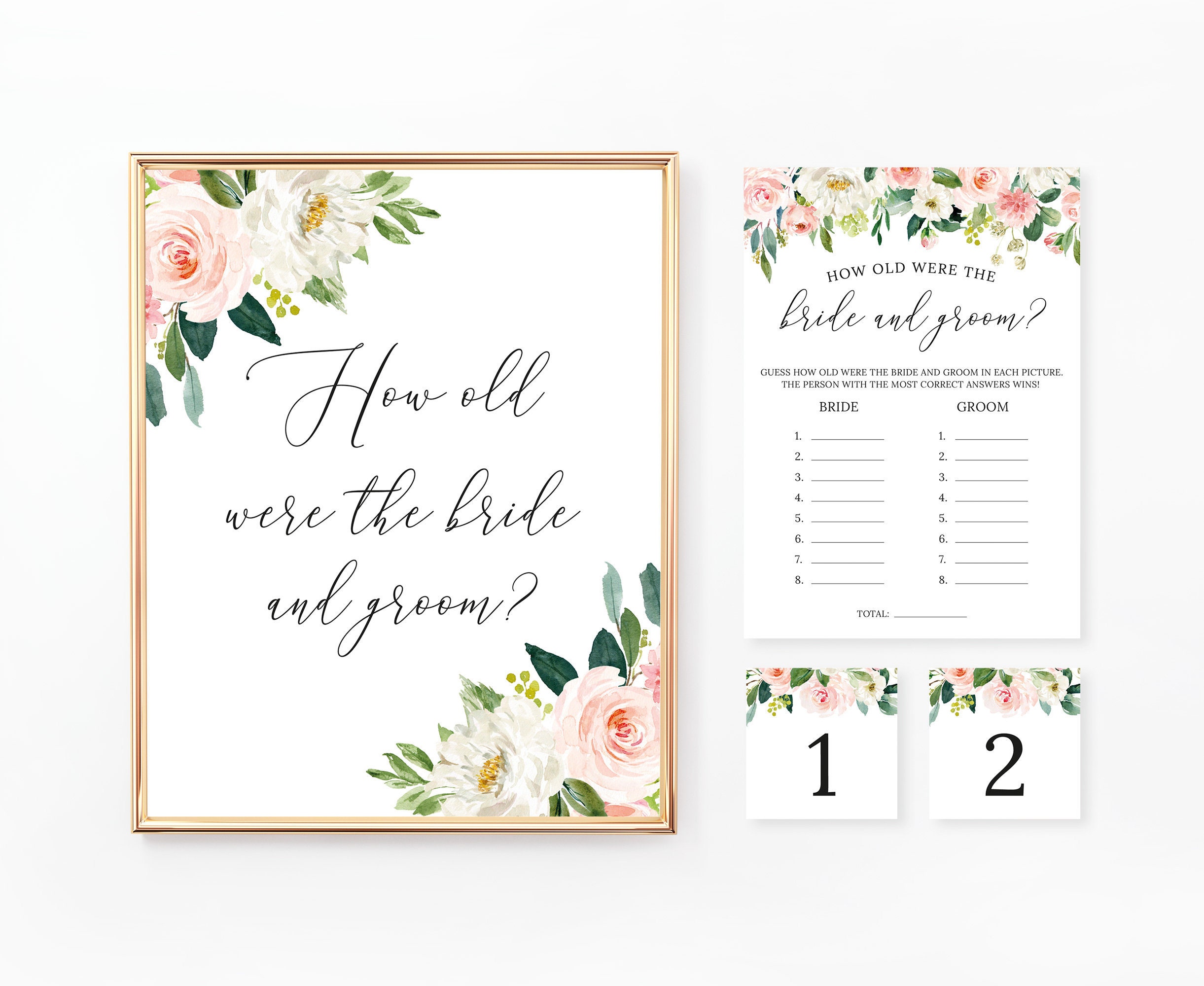 How Old Were the Bride and Groom Game, Sign and Cards, Floral Bridal ...