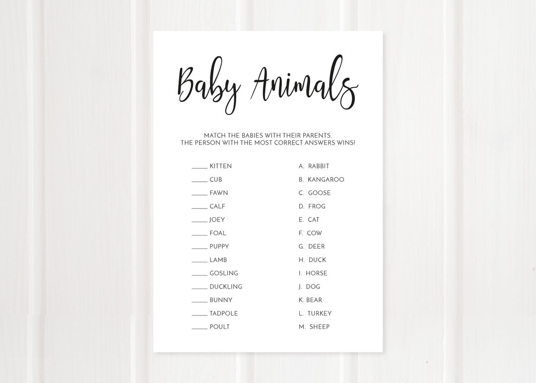 Baby Animals Game, Name the Baby Animals Baby Shower Game, Guessing ...