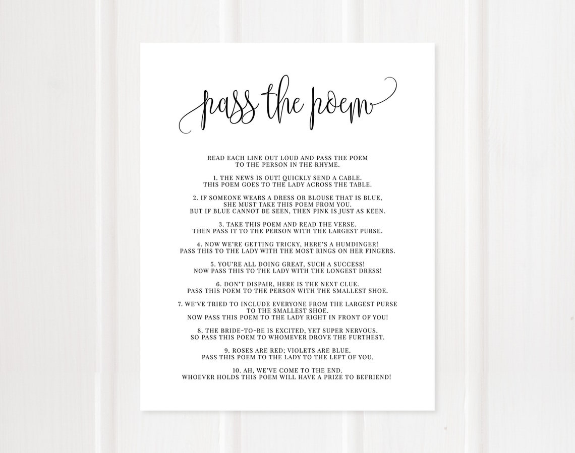 Pass the Poem Bridal Shower Game Wedding Shower Shower - Etsy
