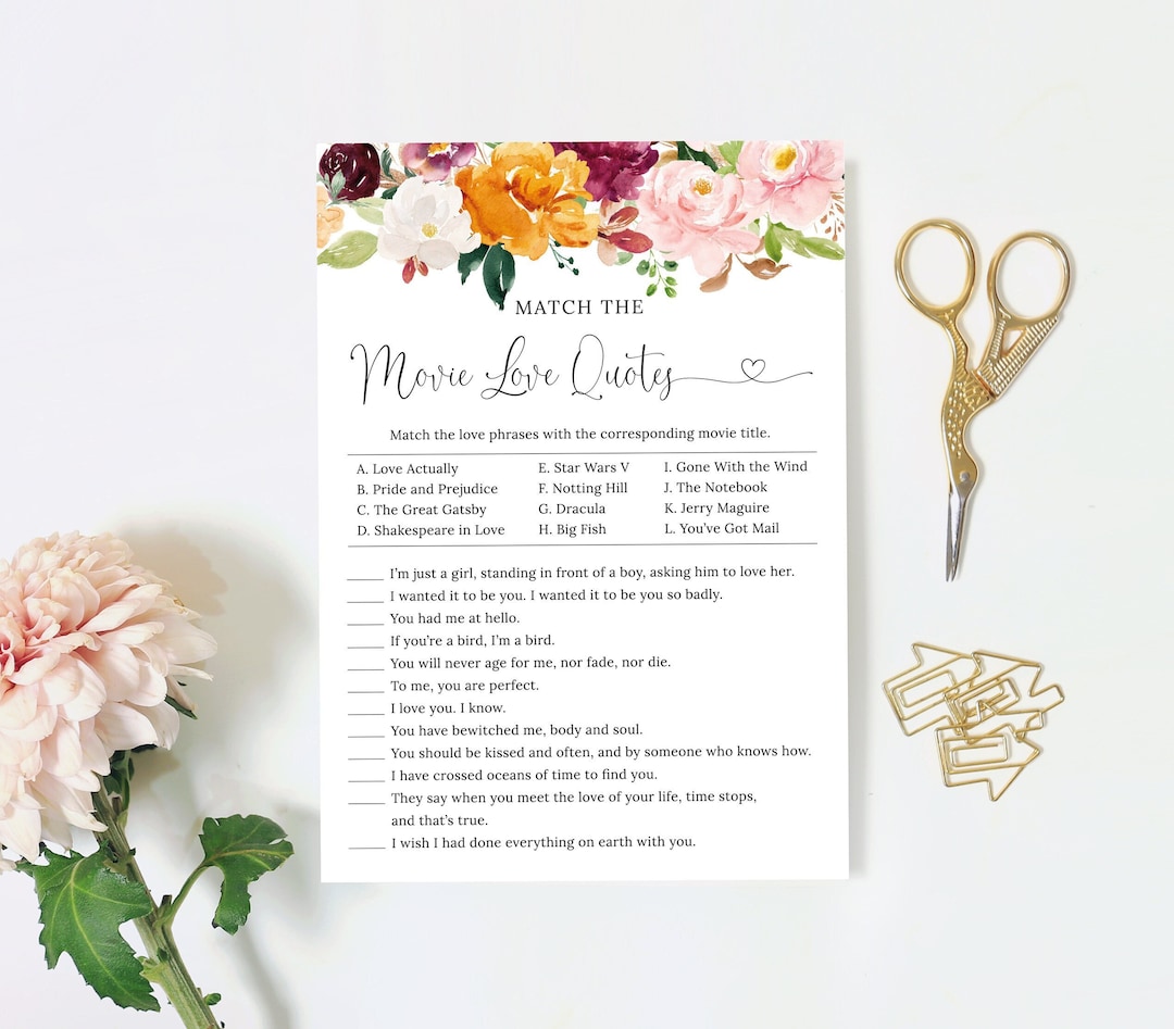 Match the Movie Love Quotes Game, Printable Bridal Shower Game, Floral ...