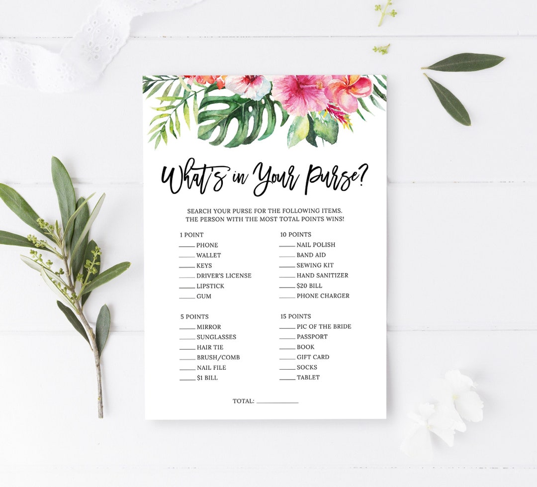 Tropical What's in Your Purse Game, Fun Bridal Shower Game, Floral ...