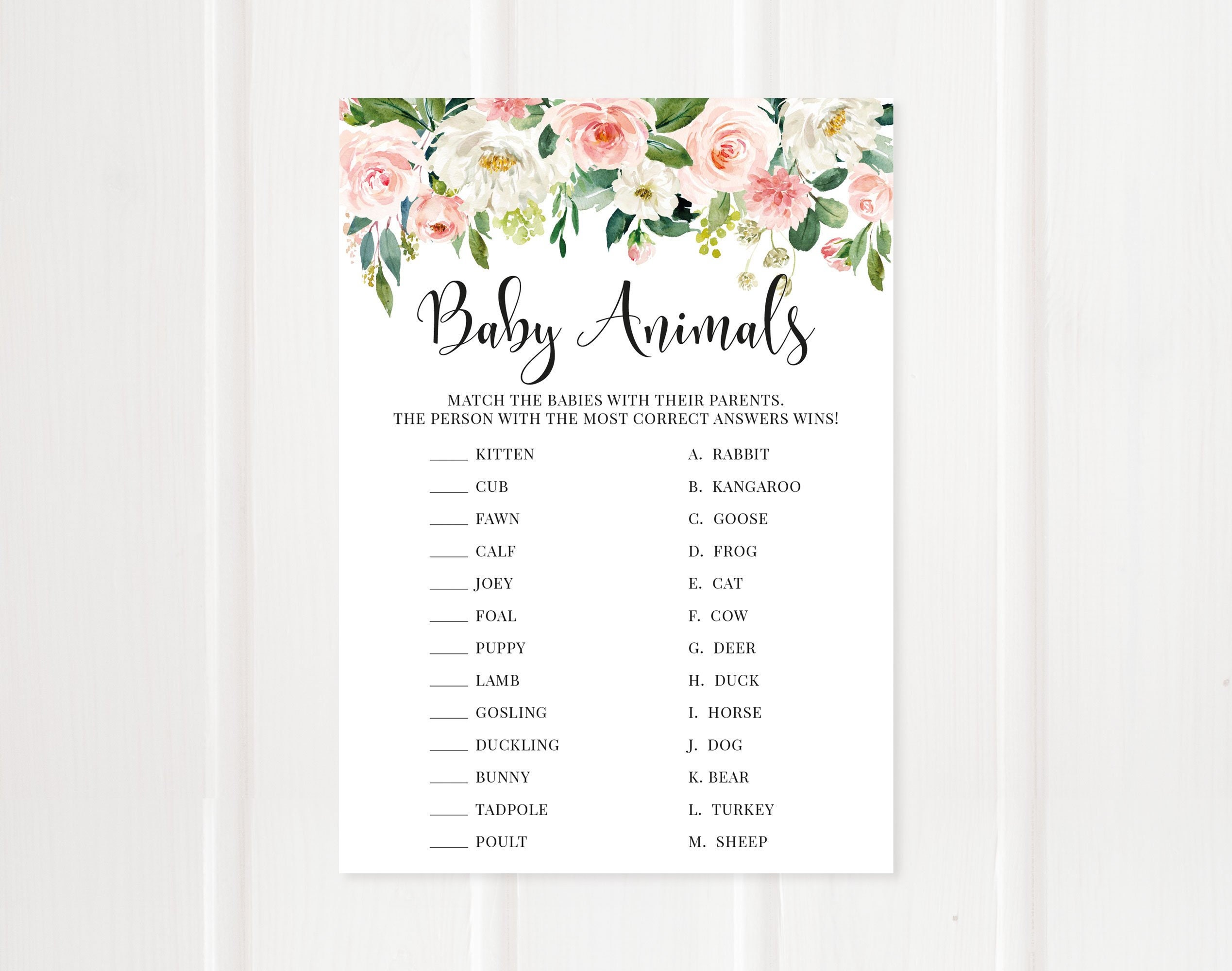 Baby Animals | Floral Baby Shower Game | Printable Game | Blush, White ...
