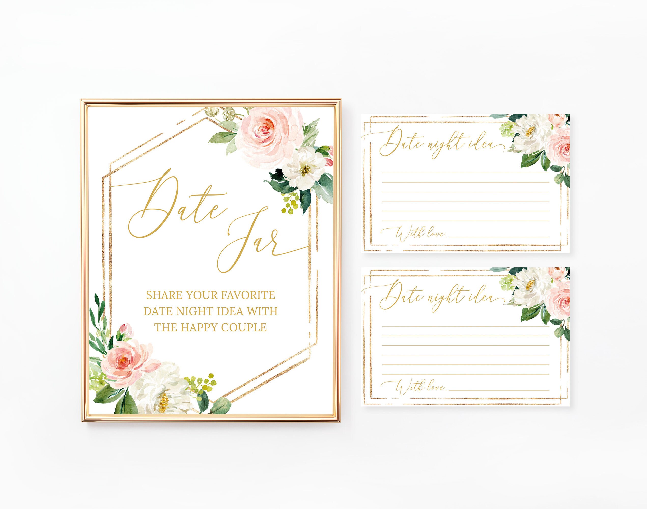 Date Jar Sign and Cards, Date Night Ideas, Bridal Shower Game, Floral ...