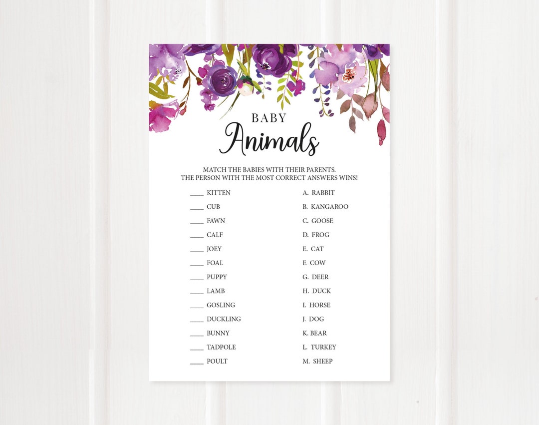 Baby Animals | Floral Baby Shower Game | Printable Game | Purple and ...