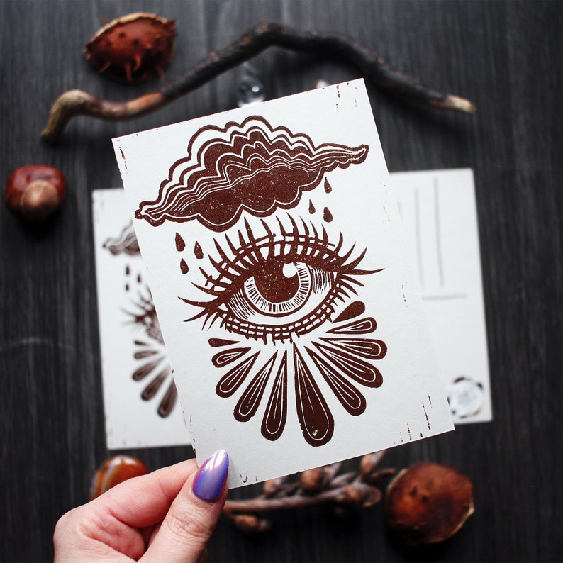 Handmade Linocut Postcard sad Eye - Etsy