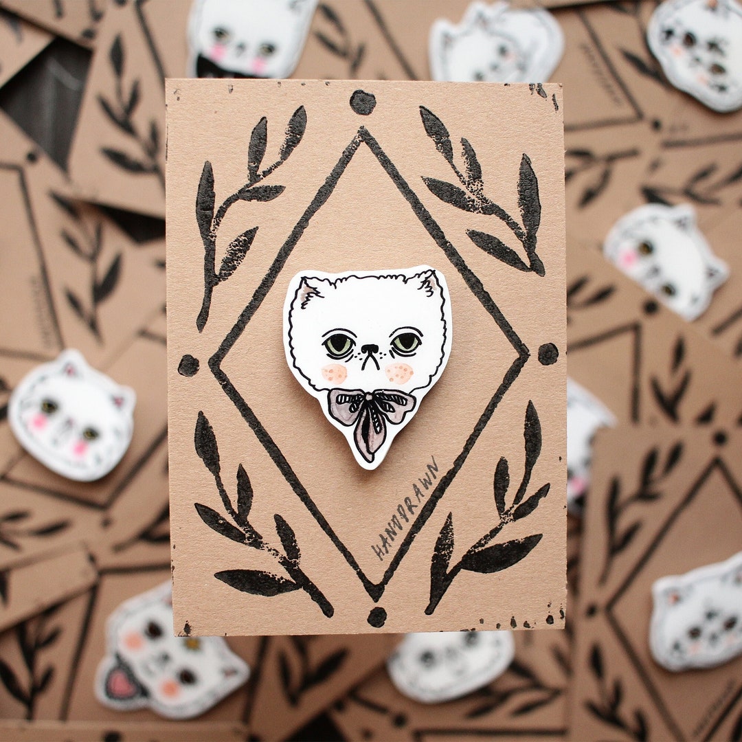 Handdrawn Pin: Cat With Bow - Etsy