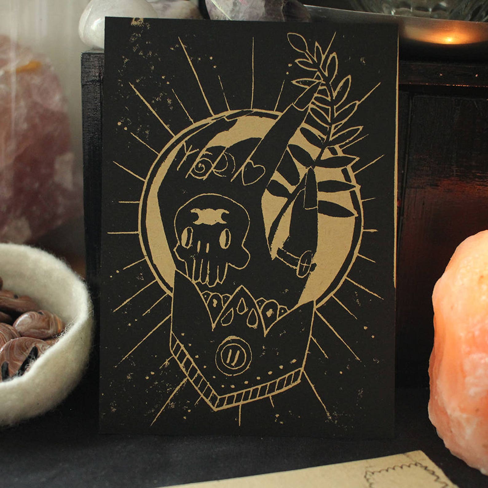 Handmade Linocut Artprint witch Hand Postcard | Etsy