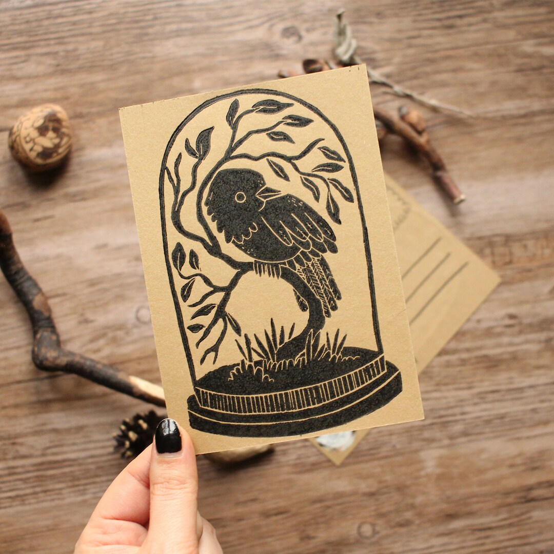 Handmade Linocut Postcard "bird in the Glass Bell" Artprint - Etsy