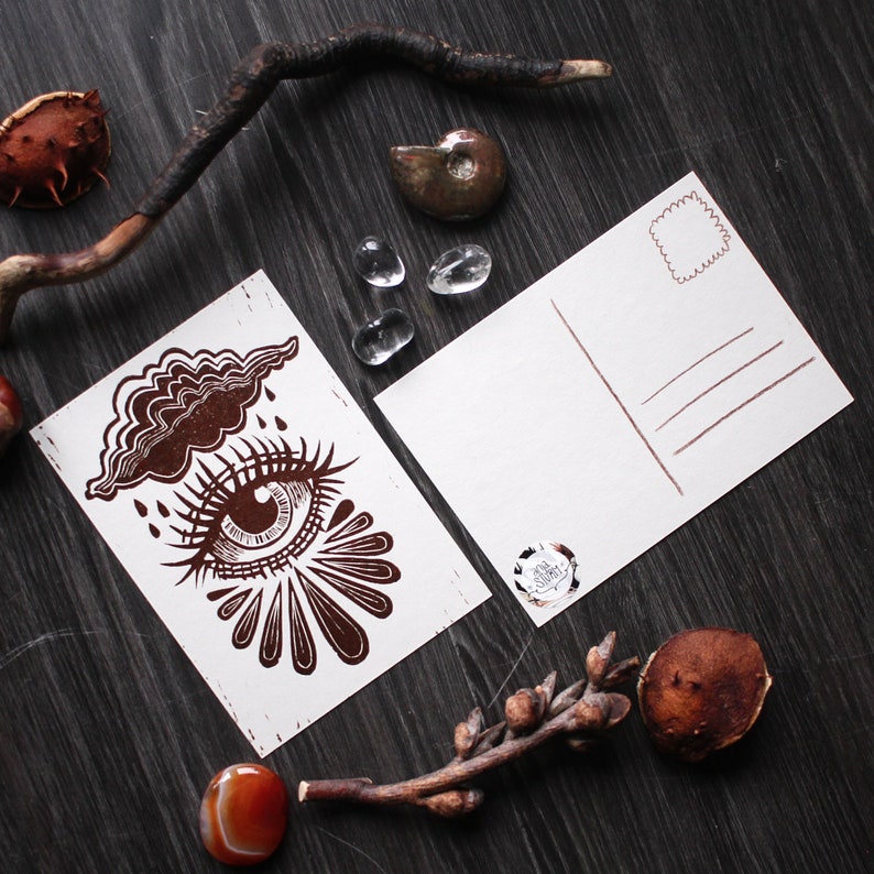 Handmade Linocut Postcard sad Eye - Etsy
