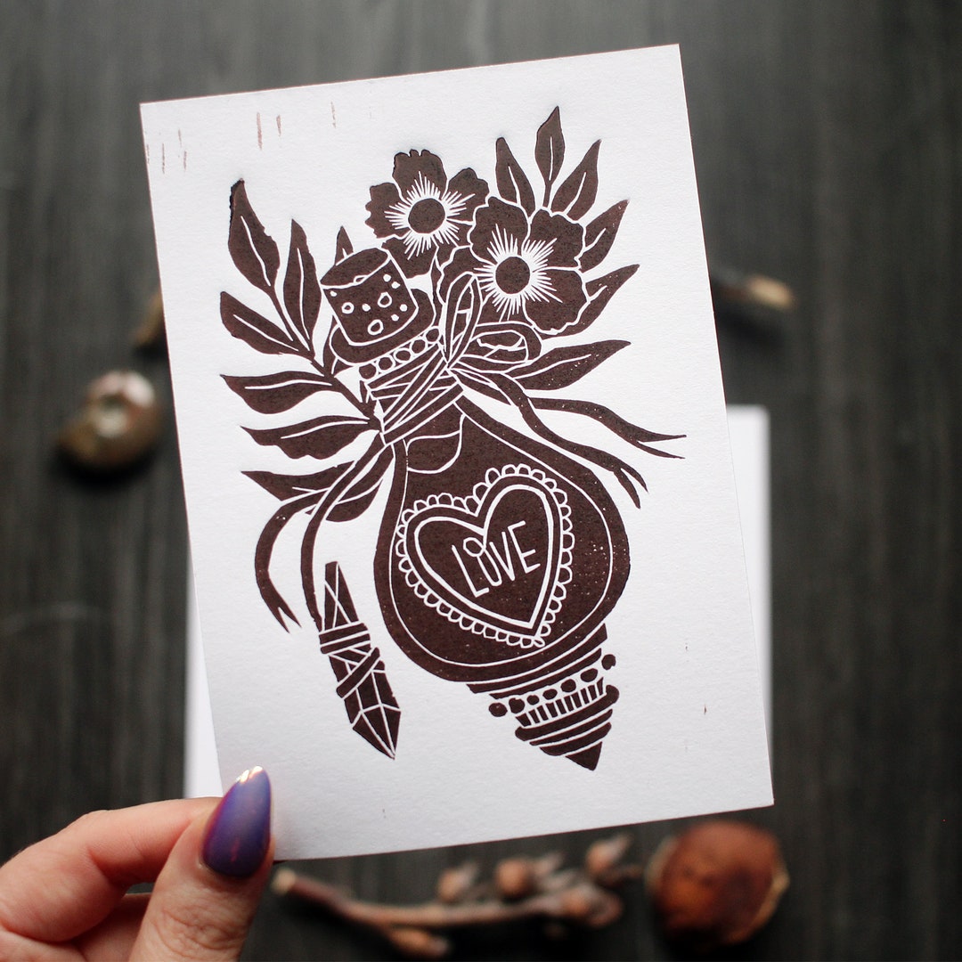 Handmade Linocut Postcard "love Potion" - Etsy