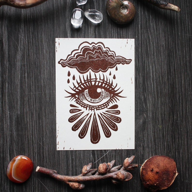 Handmade Linocut Postcard sad Eye - Etsy