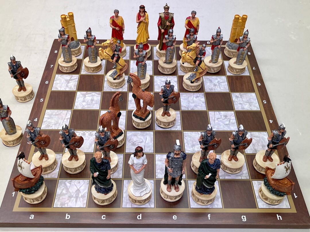 19.5" Handmade Hand Painted Trojan War Pearlescent Chess Set | Will Be ...