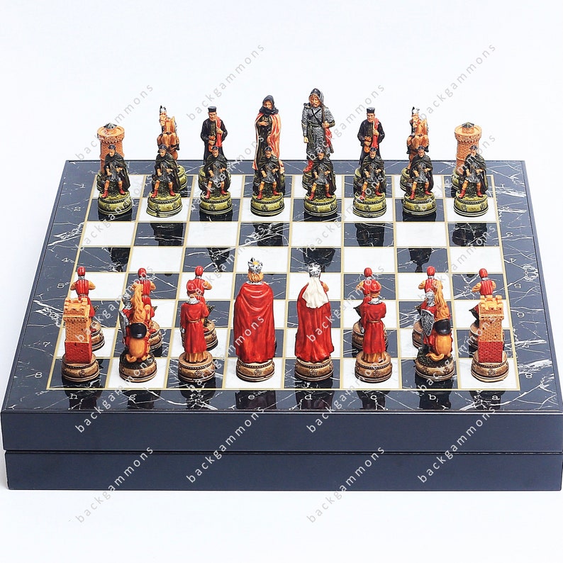 Boxed Camelot Chess Set With Marble Looking Wooden Chess Board - Etsy