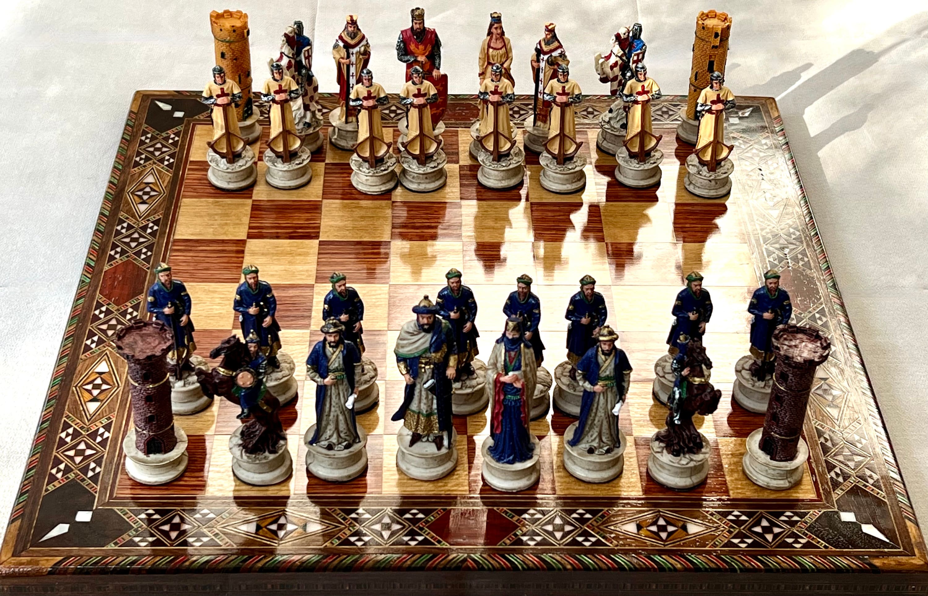 Hand Painted Crusaders Chess Set With Handmade Inlaid Mother of Pearl ...