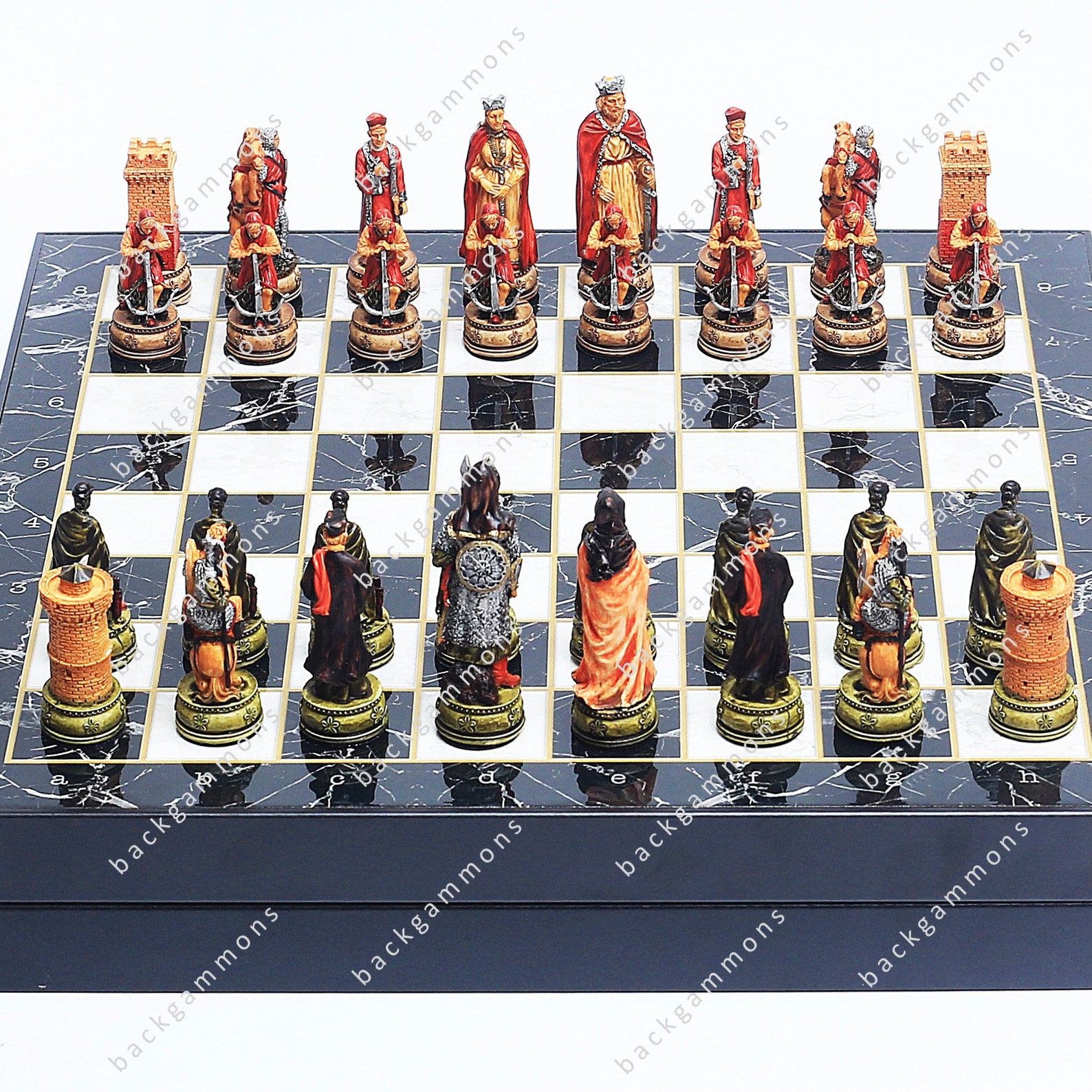 Boxed Camelot Chess Set With Marble Looking Wooden Chess Board - Etsy