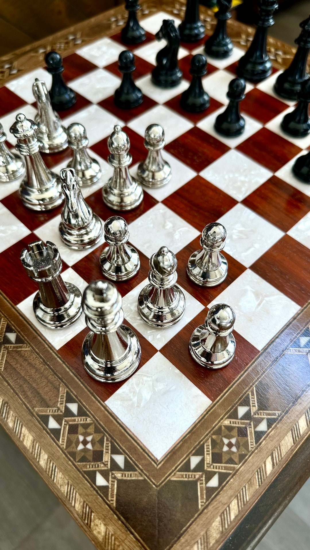 Artisanal Silver and Black Metal Chess Set With Handmade Mother of ...