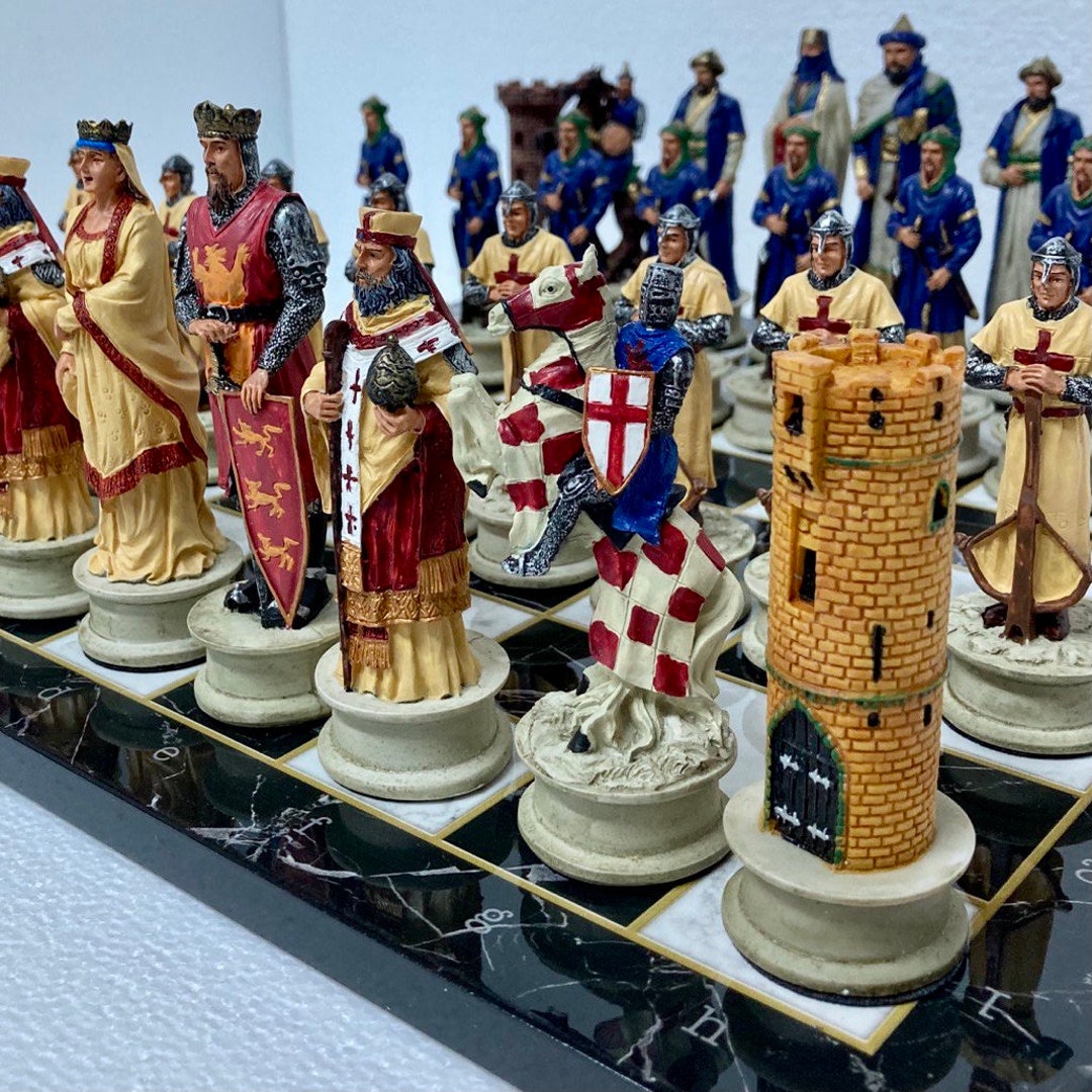 14.5" Crusaders Handmade Painted Chess Set With Marble Looking Board ...