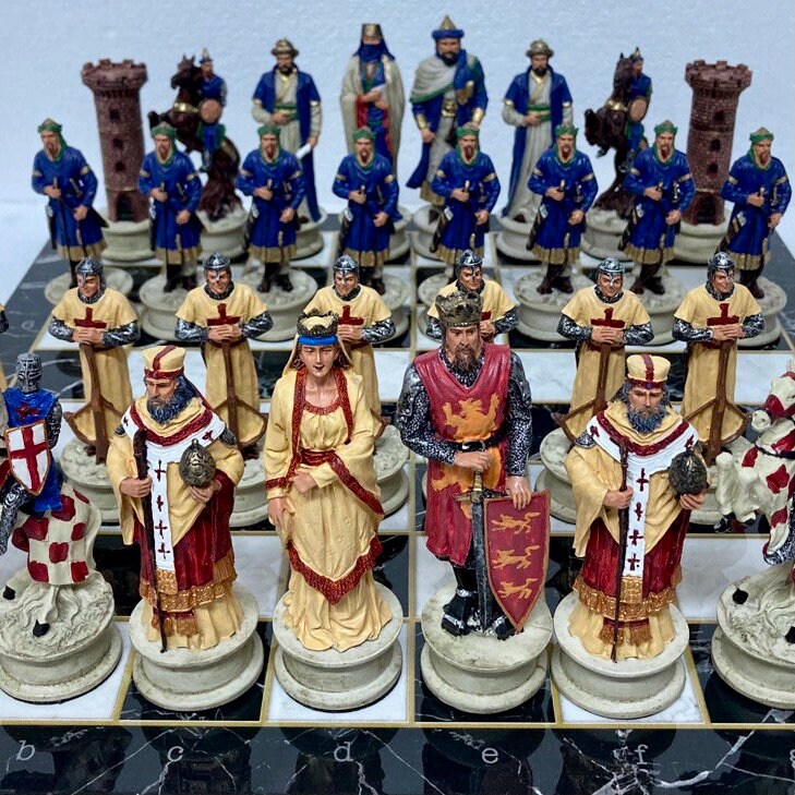 Hand Painted Crusaders Chess Set, 14.5" Handmade Marble Look Board ...