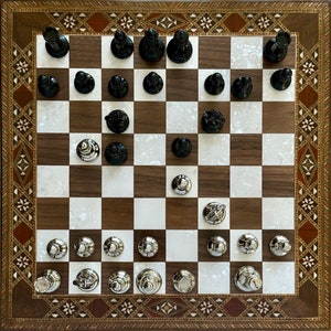 Silver and Black Metal Chess Set, Handmade With Inlaid Mother of Pearl ...