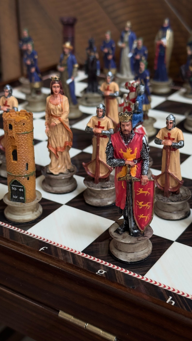 Hand Painted Crusaders Chess Set, Mother of Pearl Inlaid Walnut Board ...