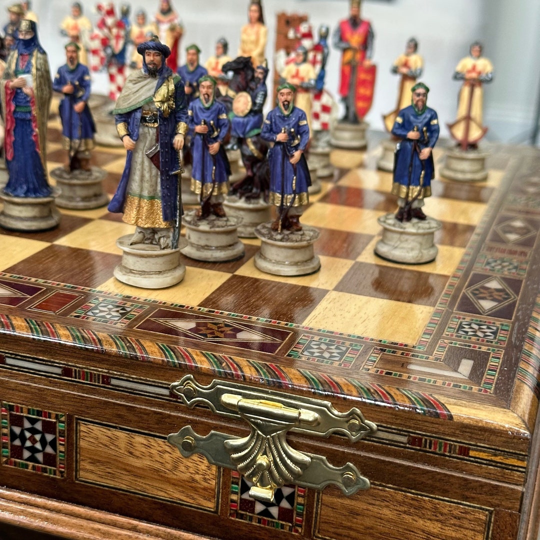Hand Painted Crusaders Chess Set | Inlaid Mother of Pearl Chess Box ...