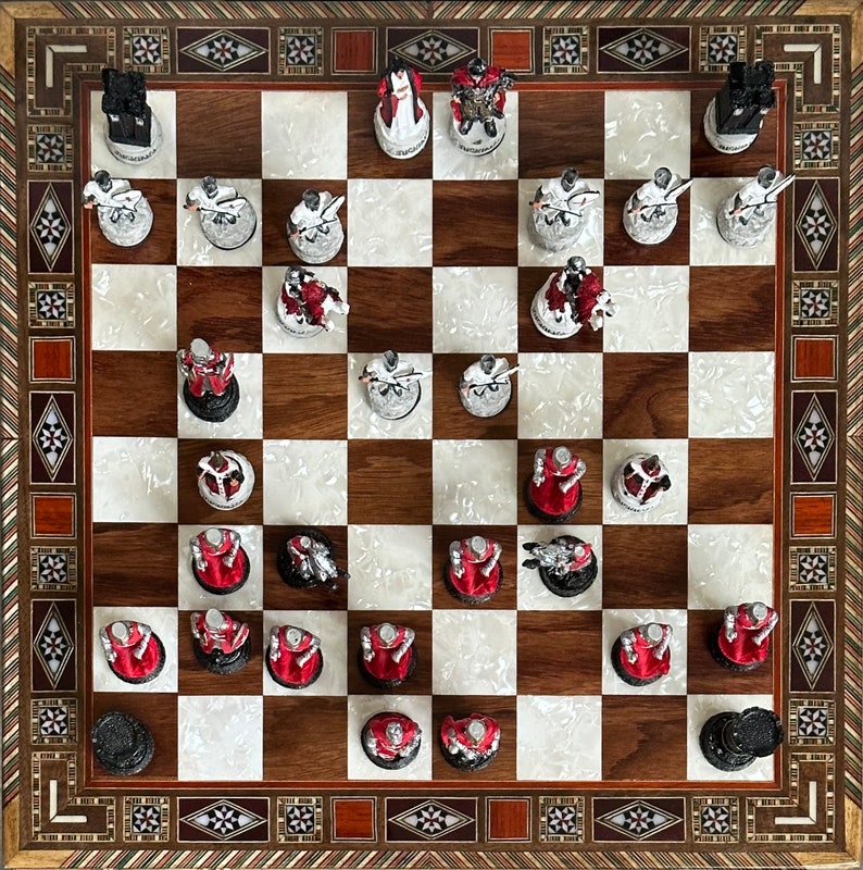 Red & White Crusaders Chess Set, Inlaid Mother of Pearl Storage Box ...