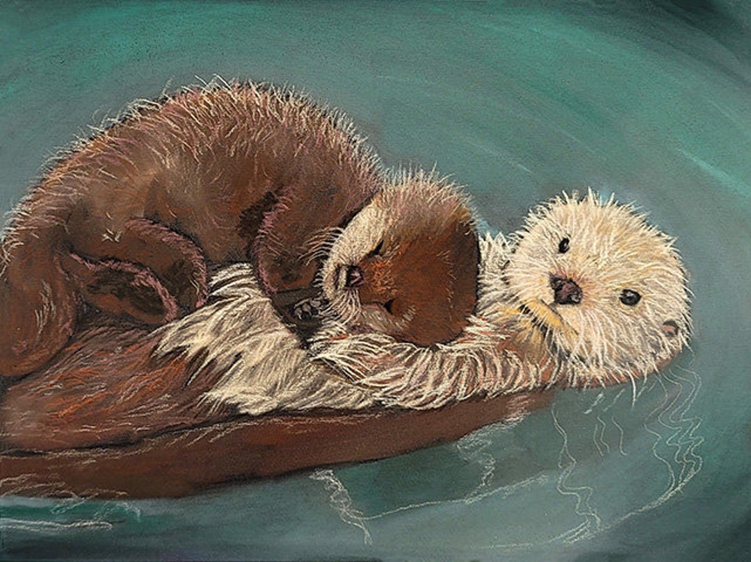 Sea Otter Mom and Pup Art Print, Cute Otter Art Print, Giclee Pastel ...