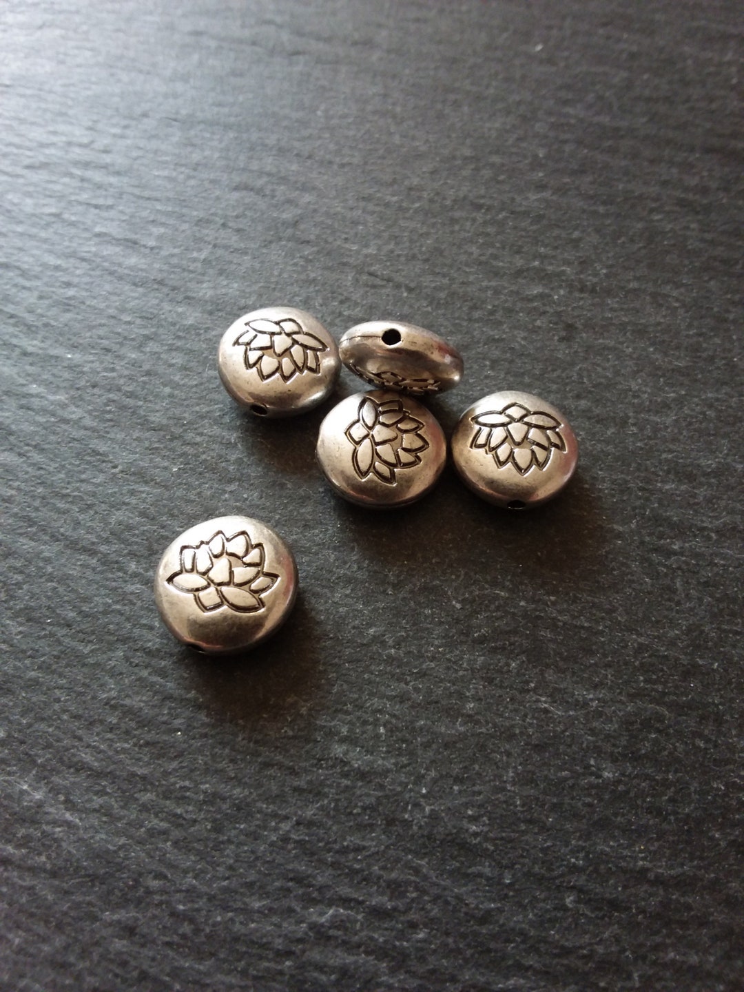 2 or 10 Lotus Beads 14mm Real Antiqued Sterling Silver Plated Flat ...