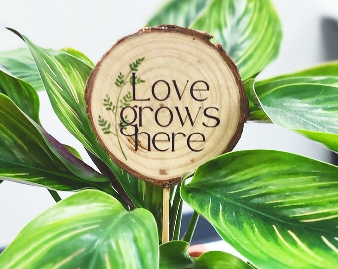 Wood Slice Indoor Plant Marker - Love Grows Here - Etsy