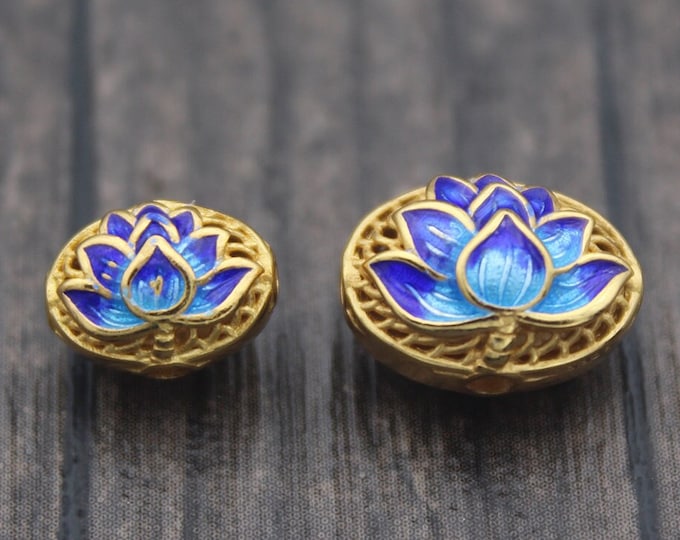 1PC Sterling Silver Lotus Bead,7x9mm 9x12mm Gold Plated Cloisonne Blue ...