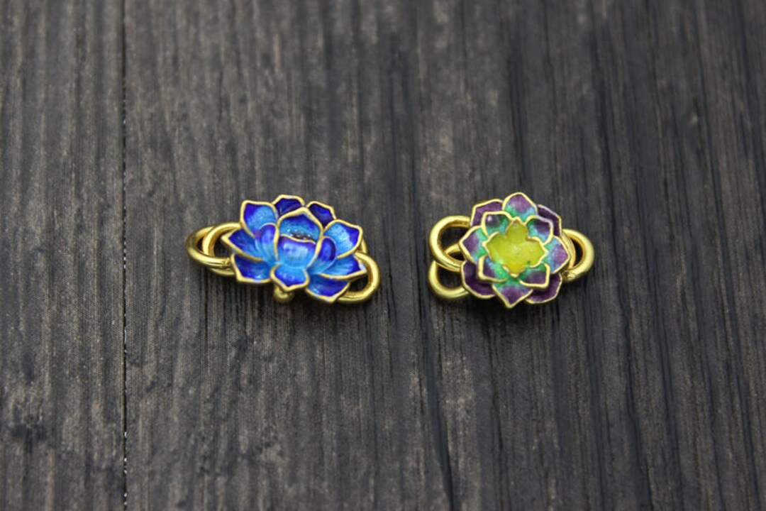 Sterling Silver Lotus Flower S Hook Clasp, Gold Plated, Blue Enamel ...
